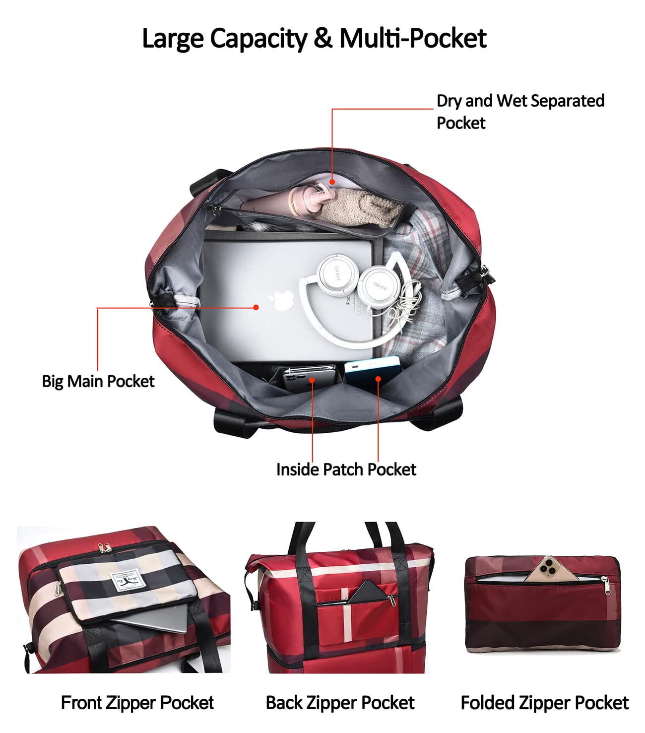 NWLR 2022 New Foldable Dry/Wet Separation Travel Duffel Bag with Shoe Compartment Large Capacity Folding Weekender Overnight Bag Lightweight Waterproof Gym Tote Bag (B-Red)