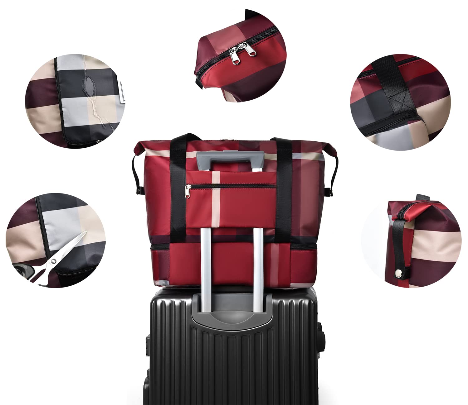 NWLR 2022 New Foldable Dry/Wet Separation Travel Duffel Bag with Shoe Compartment Large Capacity Folding Weekender Overnight Bag Lightweight Waterproof Gym Tote Bag (B-Red)