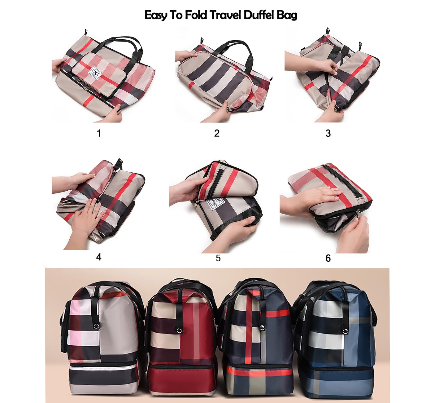 NWLR 2022 New Foldable Dry/Wet Separation Travel Duffel Bag with Shoe Compartment Large Capacity Folding Weekender Overnight Bag Lightweight Waterproof Gym Tote Bag (B-Red)