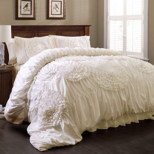 Lush Decor Serena Rouched Flower Vintage Chic Farmhouse 3 Piece Comforter Set, King, Ivory
