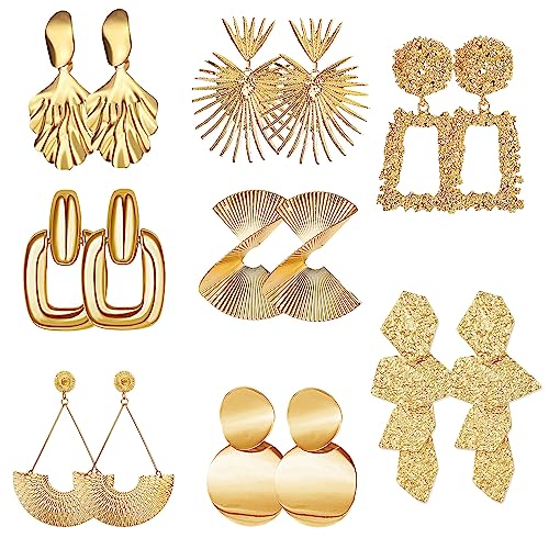 Thunaraz 8 Pairs Gold Statement Earrings for Women 14K Gold Plated Exaggerated Geometric Big Disc Drop Earrings Stylish Ginkgo Leaf Heart Dangle Earrings Jewelry Gifts Stylish Design