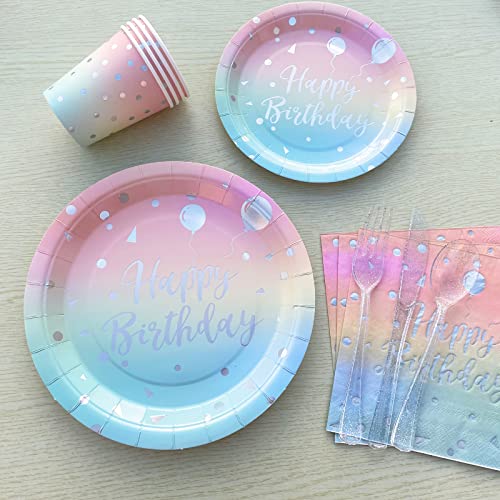 Pastel Party Decorations - Plates, Cups, Napkins & Sturdy Silverware for Rainbow Baby Shower, Birthday or Girl Pajama Party - Serves 16