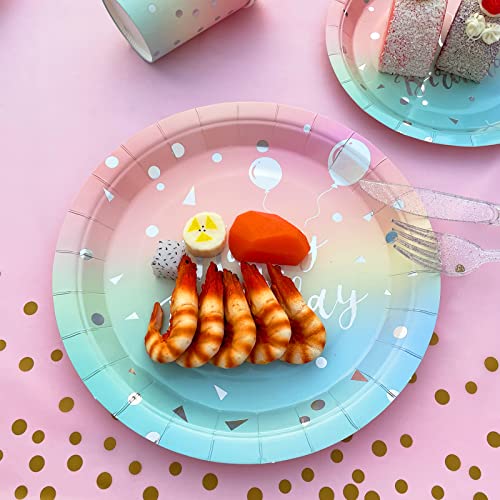 Pastel Party Decorations - Plates, Cups, Napkins & Sturdy Silverware for Rainbow Baby Shower, Birthday or Girl Pajama Party - Serves 16