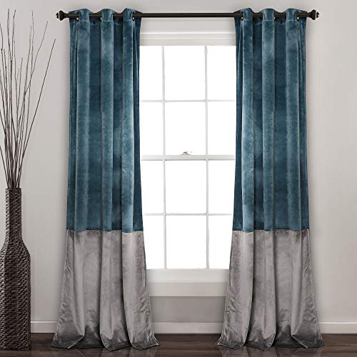 Lush Decor Prima Velvet Curtains Color Block Room Darkening Window Panel Set for Living, Dining, Bedroom (Pair), 84 in L, Blue & Gray