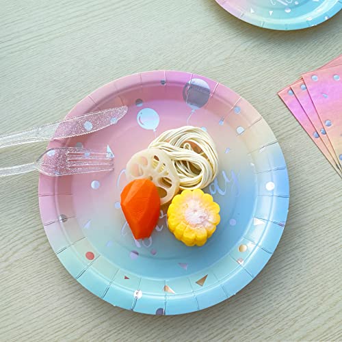 Pastel Party Decorations - Plates, Cups, Napkins & Sturdy Silverware for Rainbow Baby Shower, Birthday or Girl Pajama Party - Serves 16