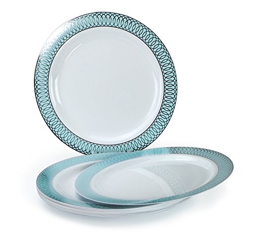" OCCASIONS " 50 Plates Pack (25 Guests)-Heavyweight Wedding Party Disposable Plastic Plate Set -25x10.5'' Dinner+25x7.5'' Salad/dessert plates (Venice in White/Blue & Silver)