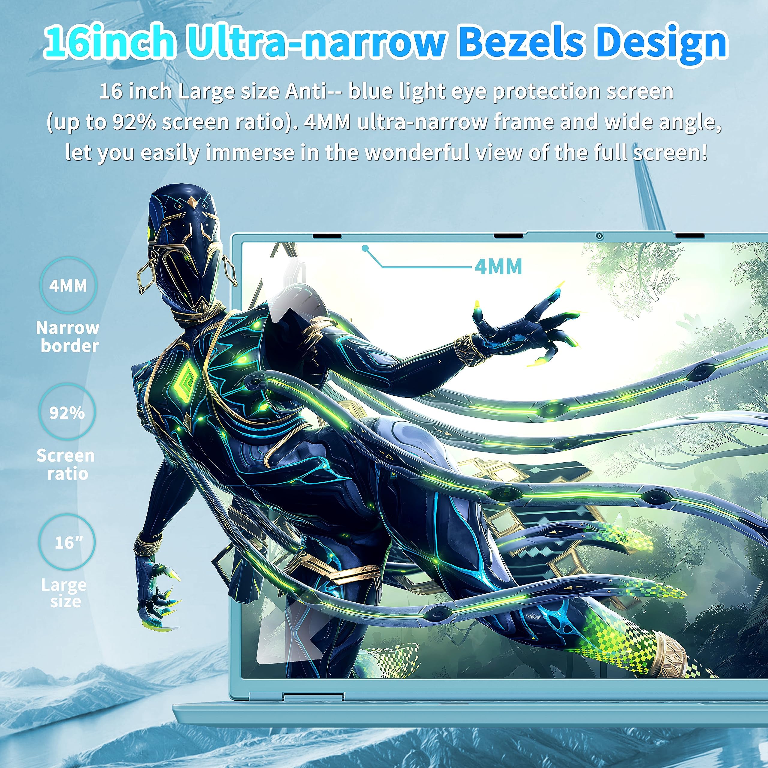 16inch Green Laptop 16G RAM 1TB SSD Ultra-Narrow bezels 2.5K FHD(2560x1600) IPS Screen/N5095 CPU,Win 11 Pro PC with Full Size Numeric Color Backlit KB/Fingerprint(16G+1TB)
