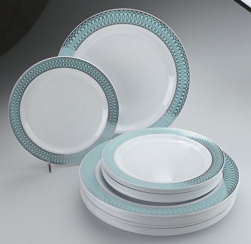 " OCCASIONS " 50 Plates Pack (25 Guests)-Heavyweight Wedding Party Disposable Plastic Plate Set -25x10.5'' Dinner+25x7.5'' Salad/dessert plates (Venice in White/Blue & Silver)
