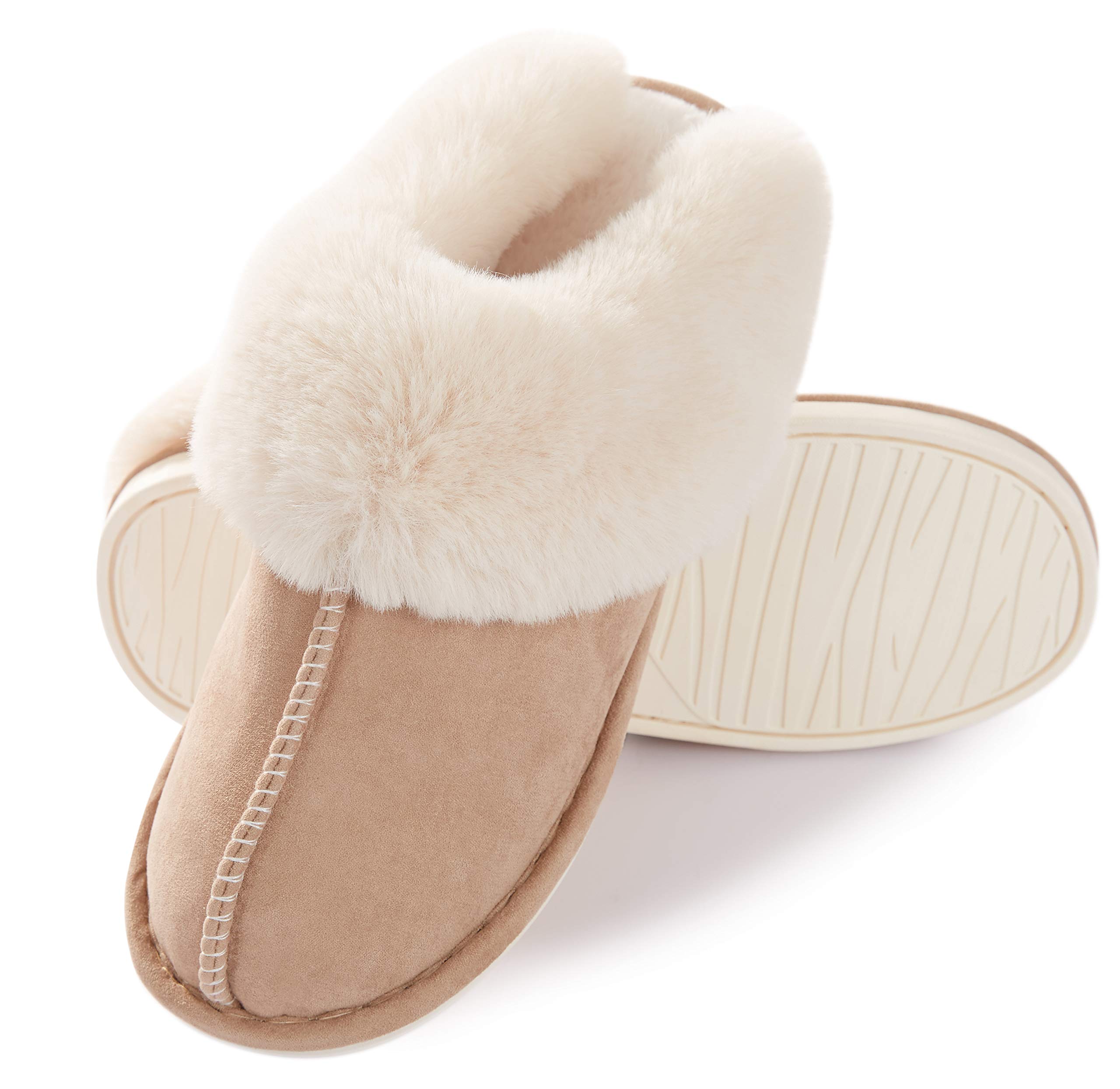 Donpapa Womens Slipper with Memory Foam Fluffy Soft Warm Slip On House Slippers Anti-Skid Cozy Plush for Indoor Outdoor Tan X-Large