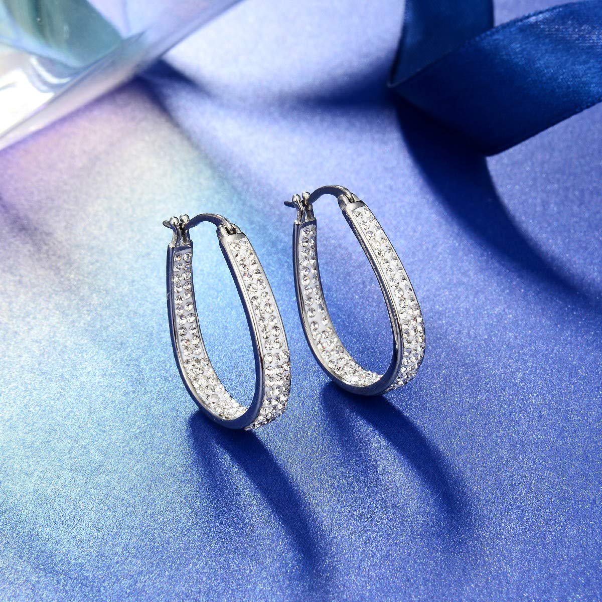 Crystal Hoop Earrings - Silver Plated Inside Out Oval Shape Hoop Earrings for Women, 1.2 Inch (White)