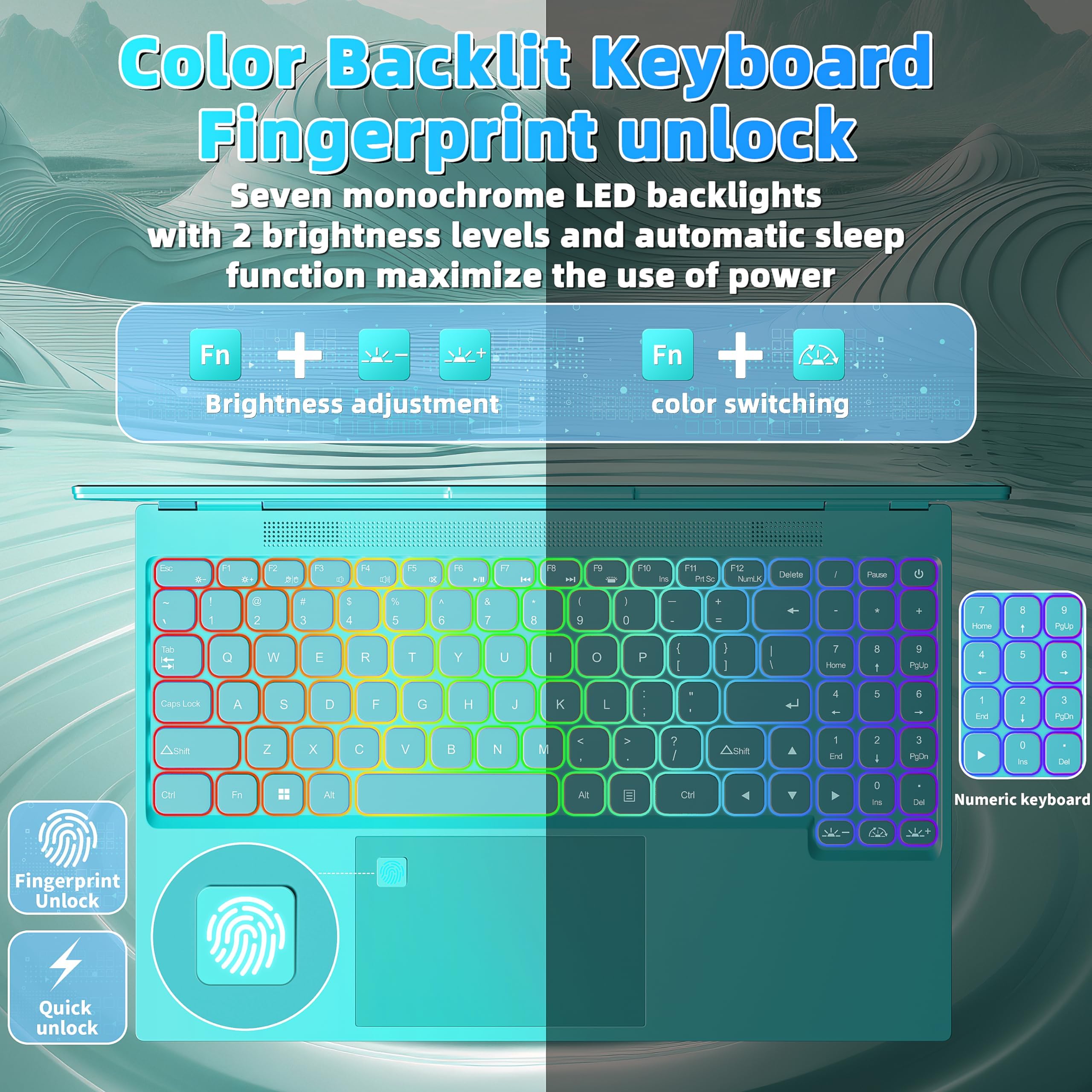 16inch Green Laptop 16G RAM 1TB SSD Ultra-Narrow bezels 2.5K FHD(2560x1600) IPS Screen/N5095 CPU,Win 11 Pro PC with Full Size Numeric Color Backlit KB/Fingerprint(16G+1TB)