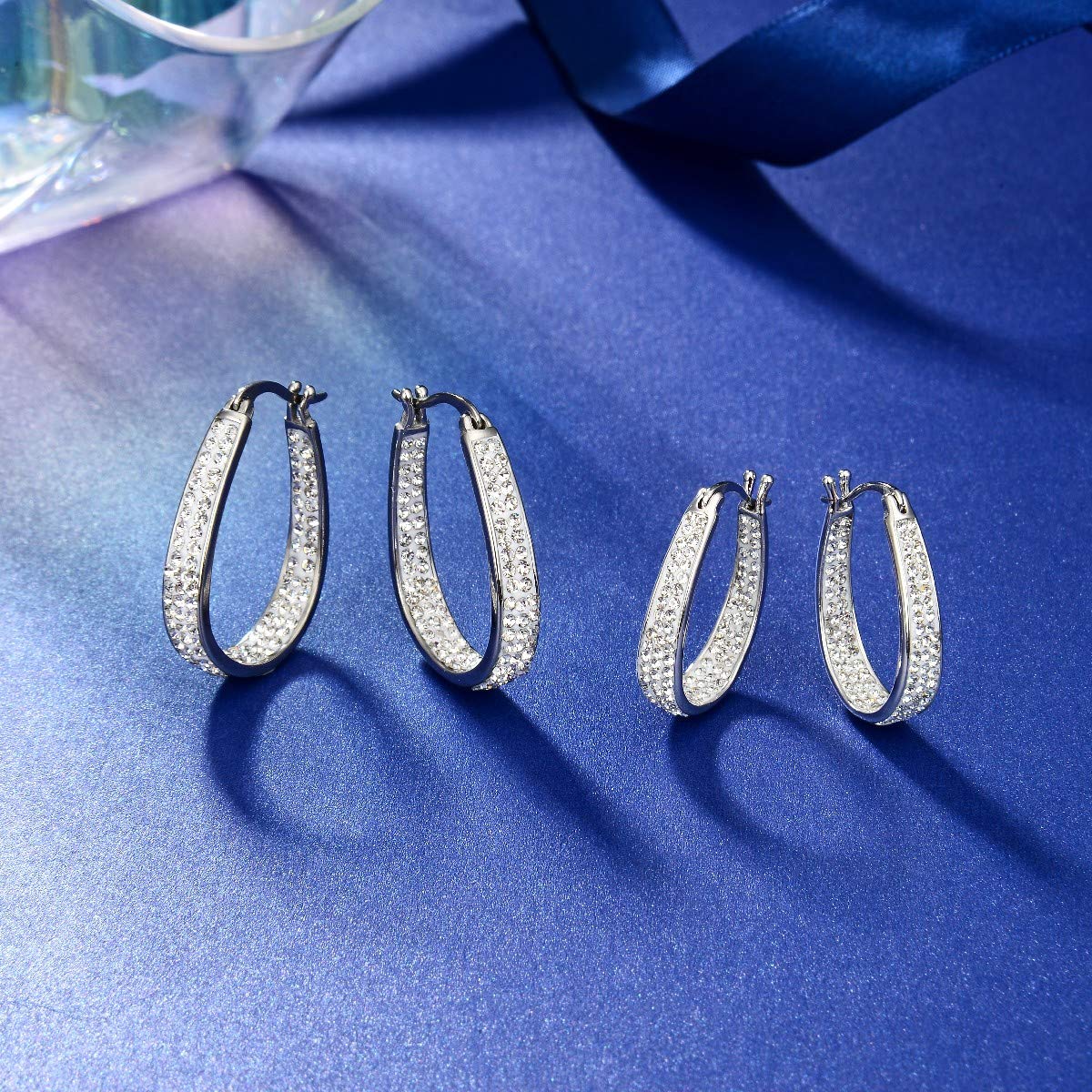 Crystal Hoop Earrings - Silver Plated Inside Out Oval Shape Hoop Earrings for Women, 1.2 Inch (White)