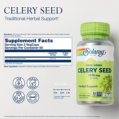 Solaray Celery Seed 1010 mg, Traditional Liver, Water Balance, and Joint Support, Whole Celery Seeds with Phytochemicals and Flavonoids, Vegan, Lab Verified, 60-Day Money-Back Guarantee, 50 Servings, 100 VegCaps