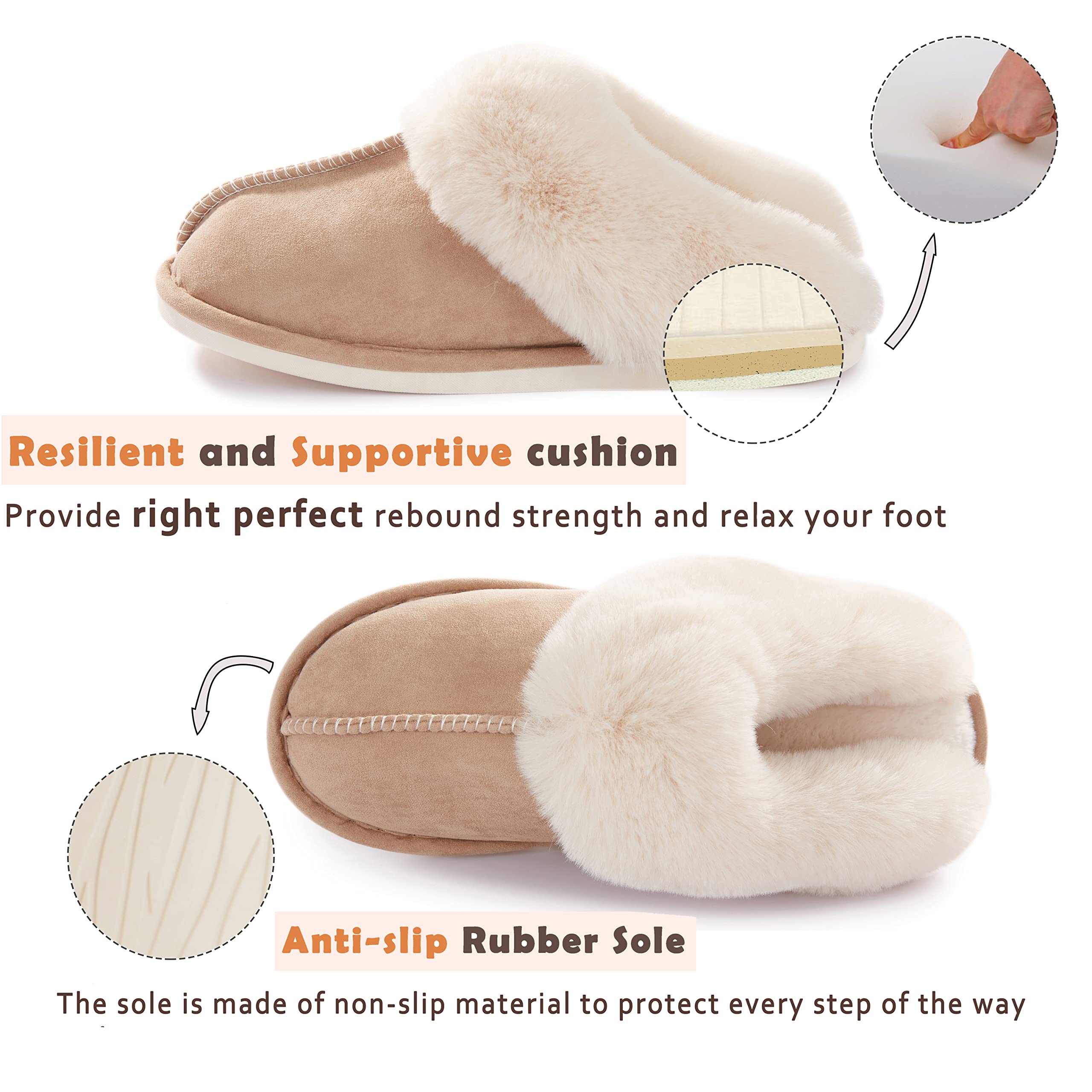 Donpapa Womens Slipper with Memory Foam Fluffy Soft Warm Slip On House Slippers Anti-Skid Cozy Plush for Indoor Outdoor Tan X-Large