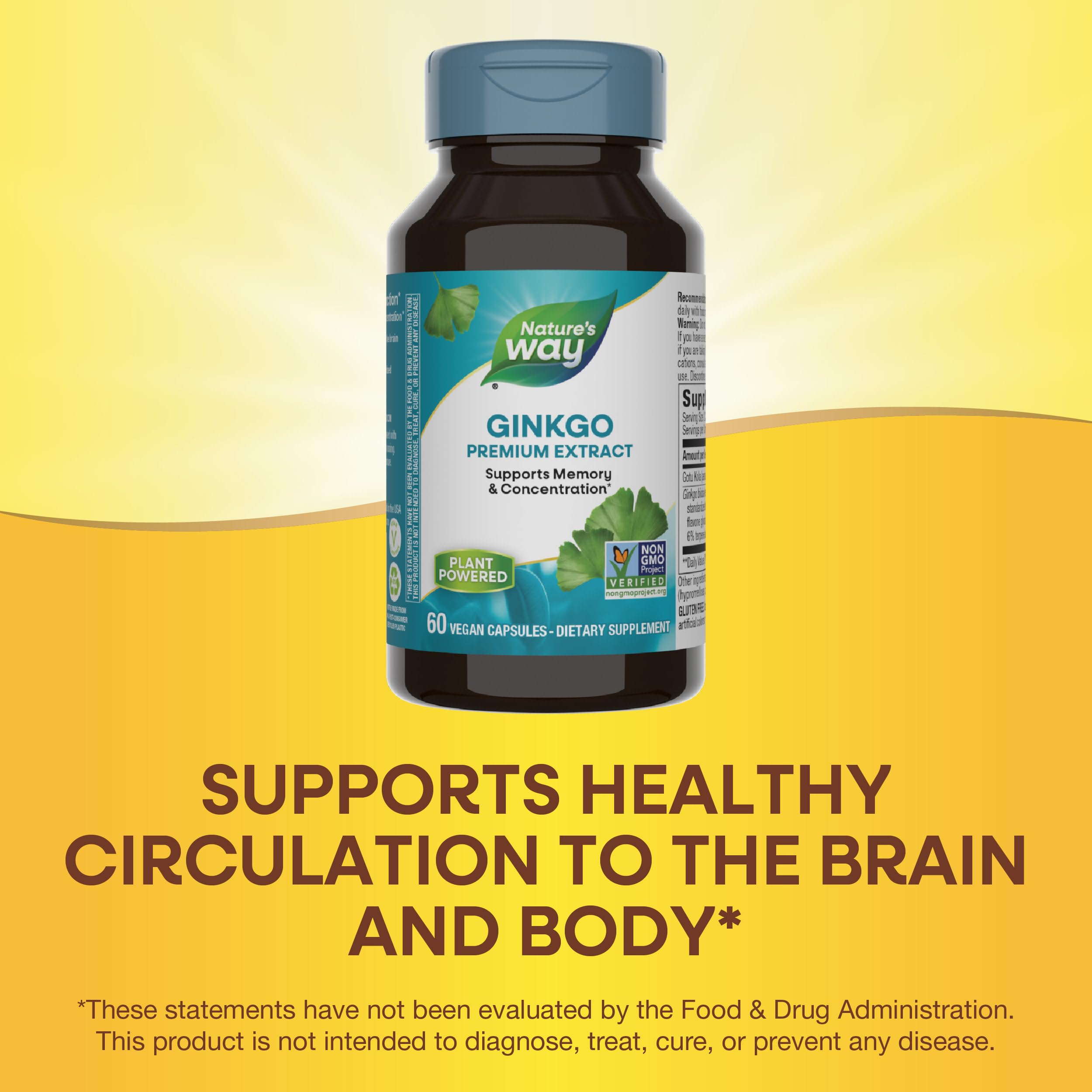 Nature's Way Ginkgo Premium Extract, Supports Memory & Concentration*, 120 mg Ginkgo Biloba Extract per 2-Capsule Serving, with Gotu Kola, Vegan, No Gluten, 60 Capsules (Packaging May Vary)