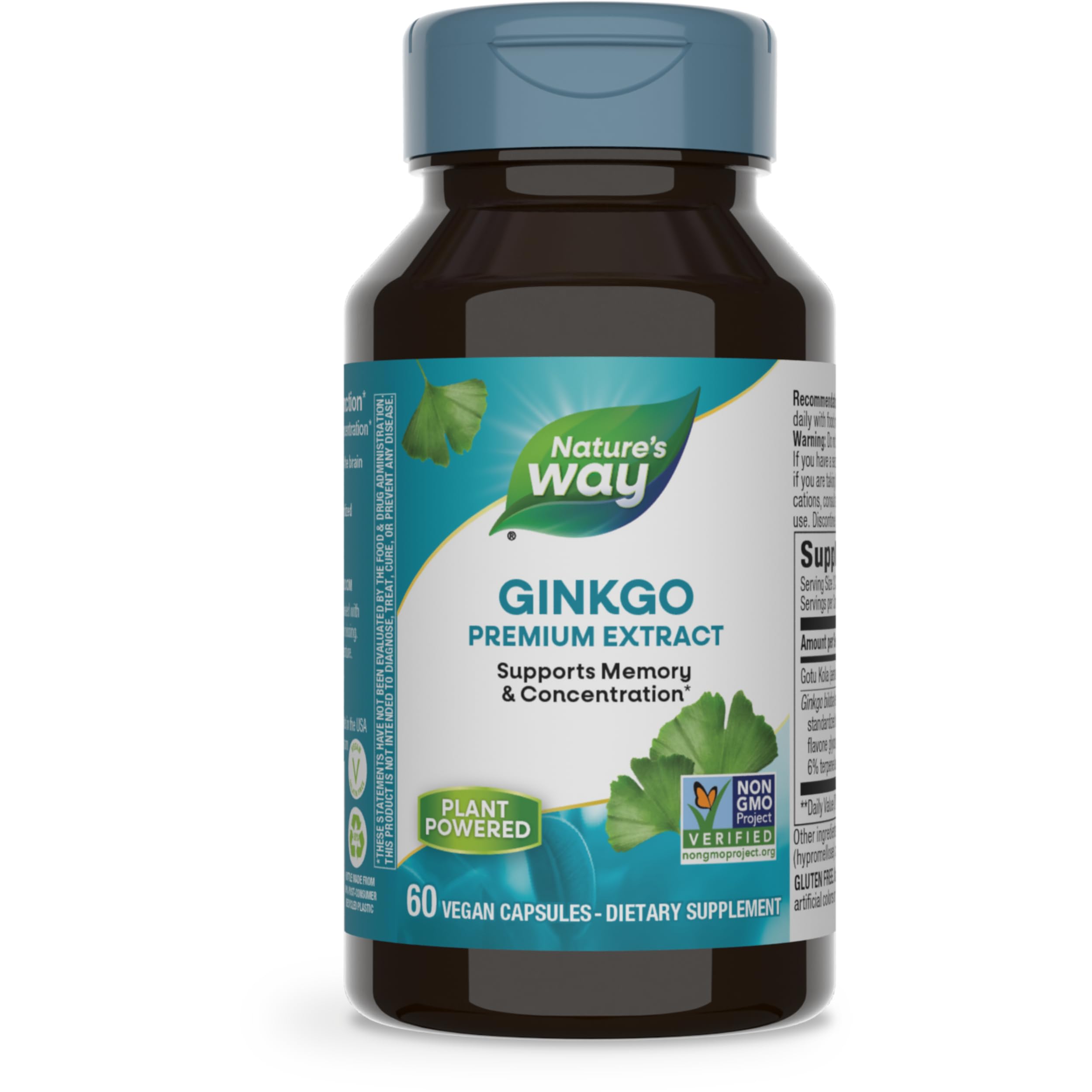 Nature's Way Ginkgo Premium Extract, Supports Memory & Concentration*, 120 mg Ginkgo Biloba Extract per 2-Capsule Serving, with Gotu Kola, Vegan, No Gluten, 60 Capsules (Packaging May Vary)