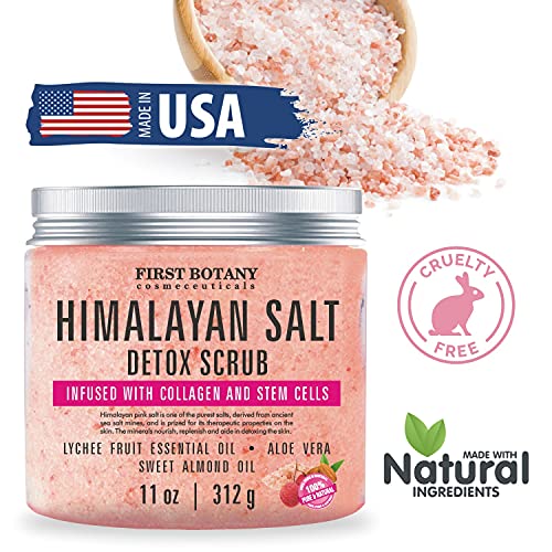 Himalayan Salt Body Scrub with Collagen and Stem Cells - Natural Exfoliating Salt Scrub & Body and Face Souffle helps with Moisturizing Skin, Acne, Cellulite, Dead Skin Scars, Wrinkles (11 oz)