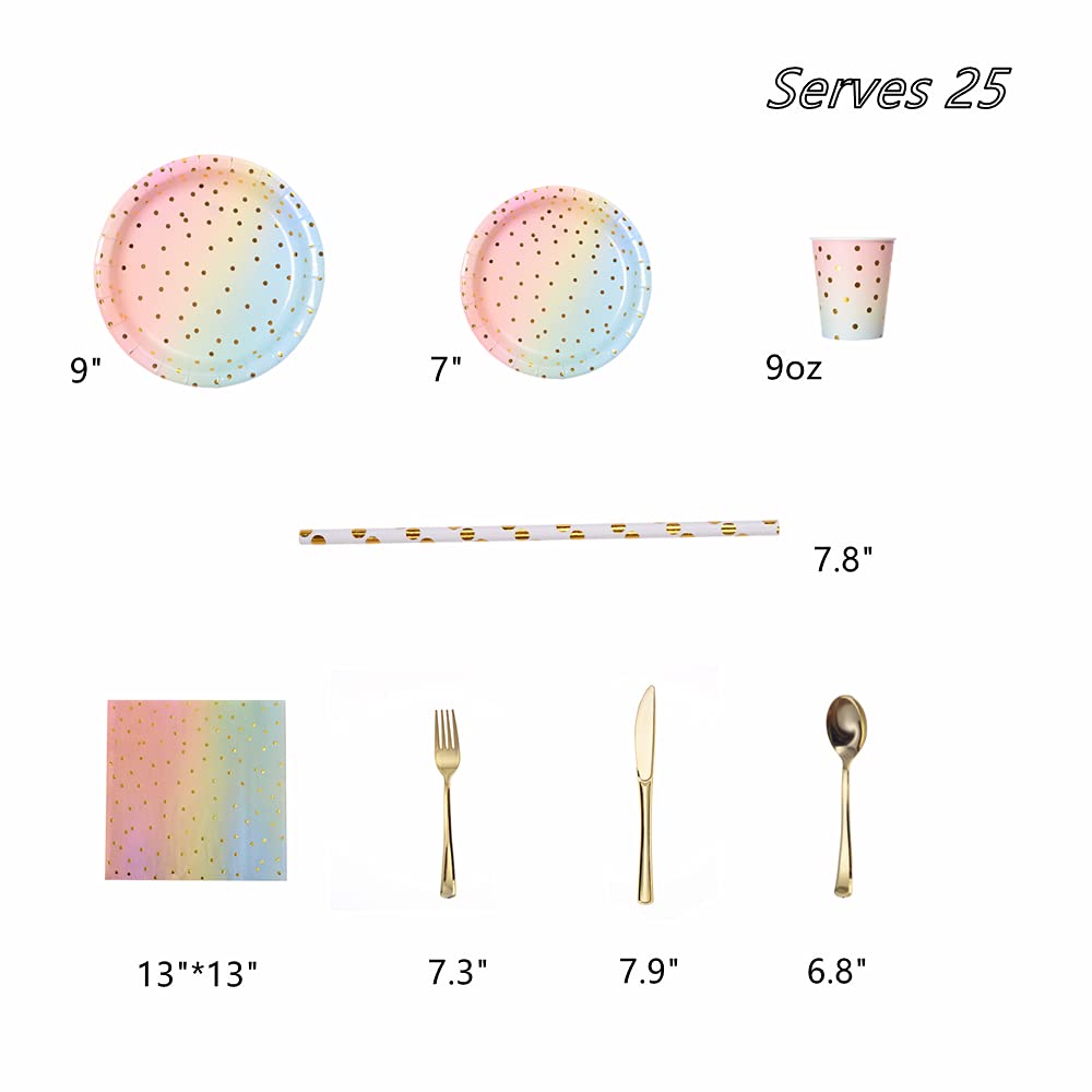 200PCS Rainbow Pastel Party Supplies Set-Disposable Paper Dinnerware Serves 25, Pastel Paper Plates Napkins Cups&Gold Plastic Silverware Sets for Wedding Birthday Baby Shower Holiday Parties(Colorful)