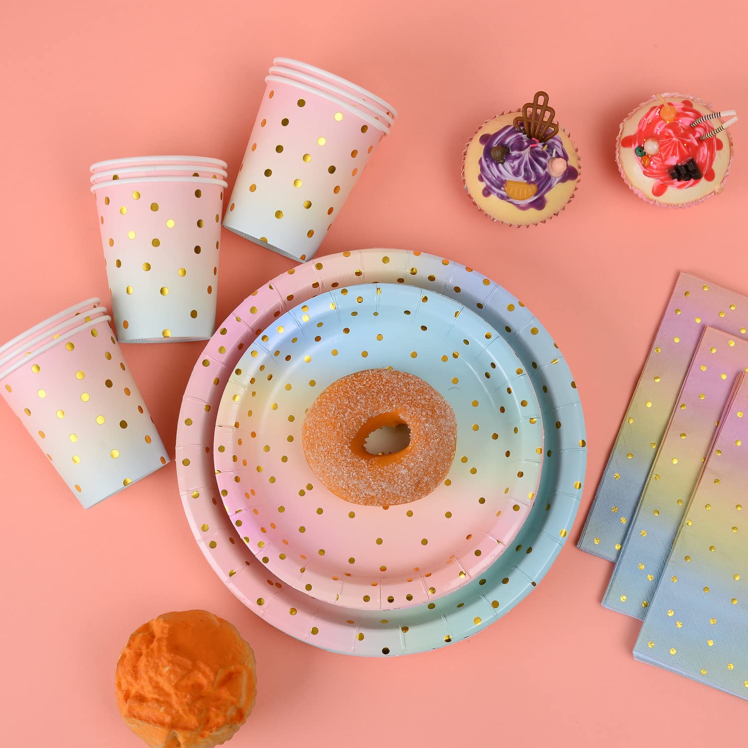 200PCS Rainbow Pastel Party Supplies Set-Disposable Paper Dinnerware Serves 25, Pastel Paper Plates Napkins Cups&Gold Plastic Silverware Sets for Wedding Birthday Baby Shower Holiday Parties(Colorful)