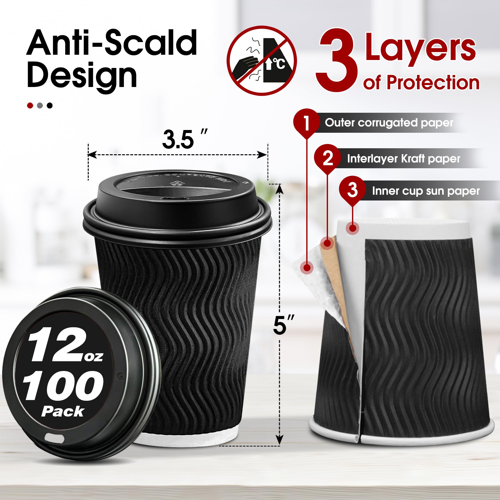 Ginkgo 100 Pack 12 oz Disposable Coffee Cups with Lids, To-Go Paper Coffee Cups Suitable for Hot Coffee, Chocolate and Cocoa, Coffee Bar Accessories - Black