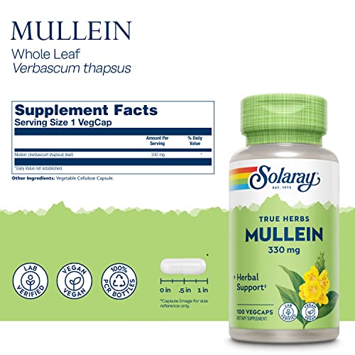 SOLARAY Mullein Leaf, Herbal Support for Healthy Respiratory and Bronchial Function 330mg, Vegan, 100 Servings, 100 VegCaps (Pack of 2)