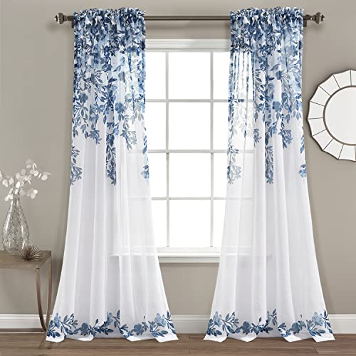 Lush Decor Tanisha Sheer Curtains Room Darkening Floral Vine Print Design Window Panel Set (Pair), Sheer 38" W x 84" L, Navy & White