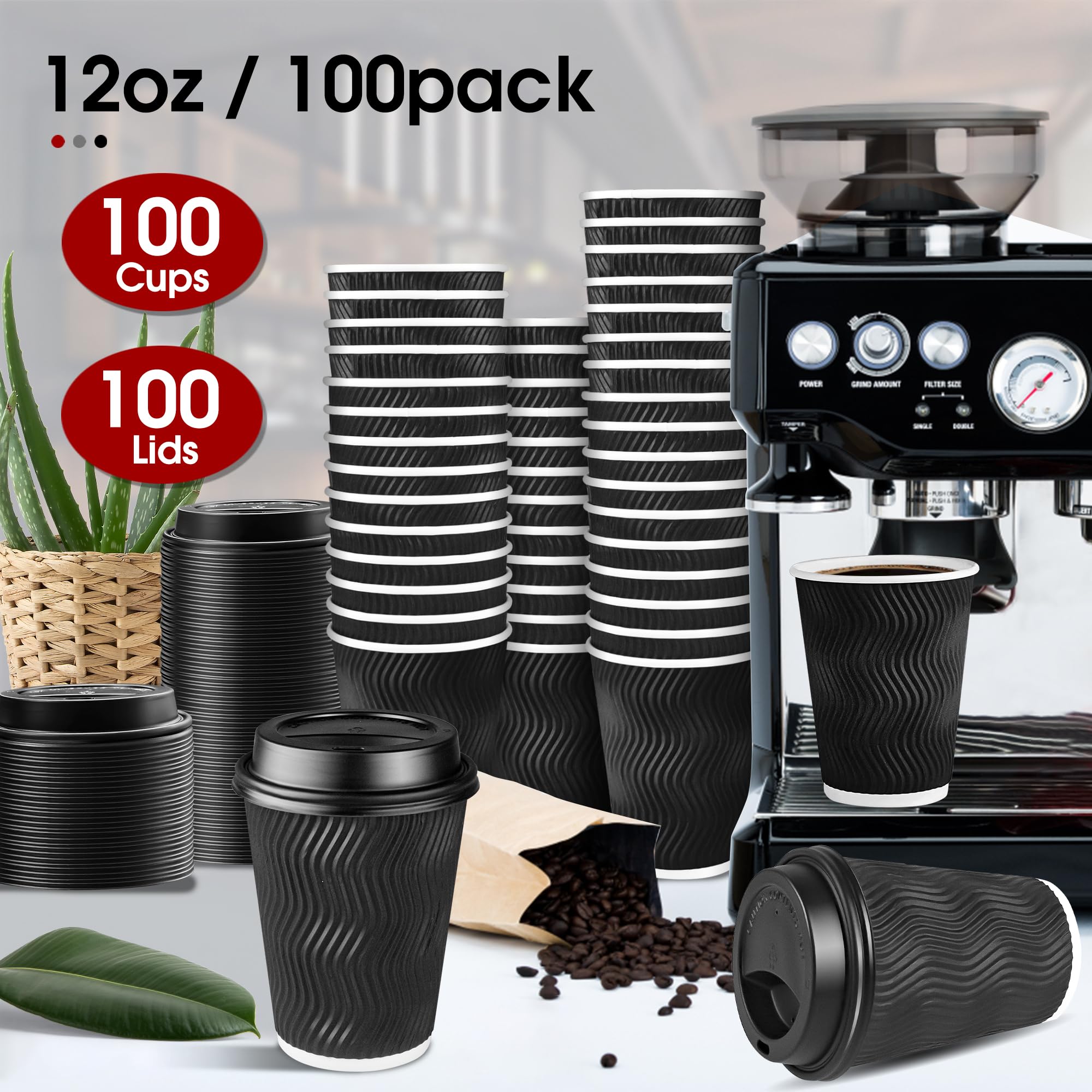 Ginkgo 100 Pack 12 oz Disposable Coffee Cups with Lids, To-Go Paper Coffee Cups Suitable for Hot Coffee, Chocolate and Cocoa, Coffee Bar Accessories - Black