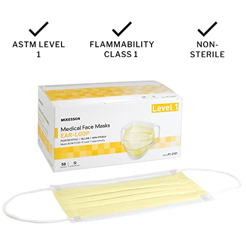 McKesson Medical Face Masks, Level 1 - Pleated with Ear Loops, Non-Sterile, Yellow - One Size Fits Most Adults, 7 in x 3.75 in, 50 Count, 1 Pack