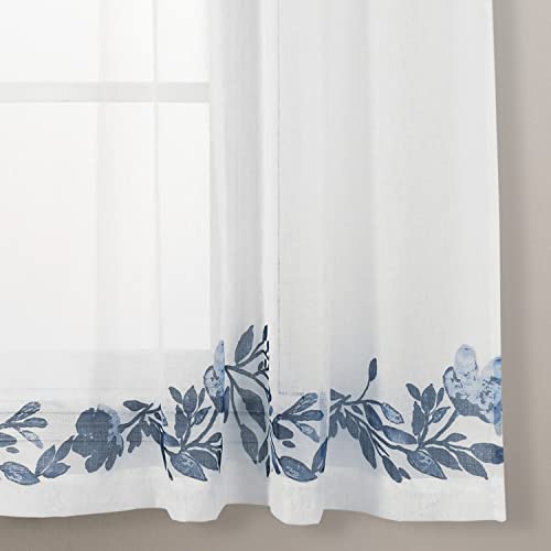 Lush Decor Tanisha Sheer Curtains Room Darkening Floral Vine Print Design Window Panel Set (Pair), Sheer 38" W x 84" L, Navy & White