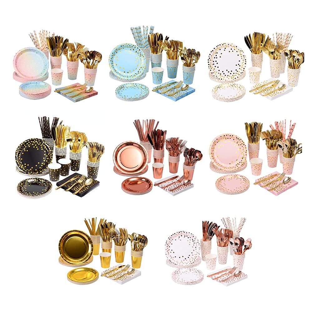 200PCS Rainbow Pastel Party Supplies Set-Disposable Paper Dinnerware Serves 25, Pastel Paper Plates Napkins Cups&Gold Plastic Silverware Sets for Wedding Birthday Baby Shower Holiday Parties(Colorful)