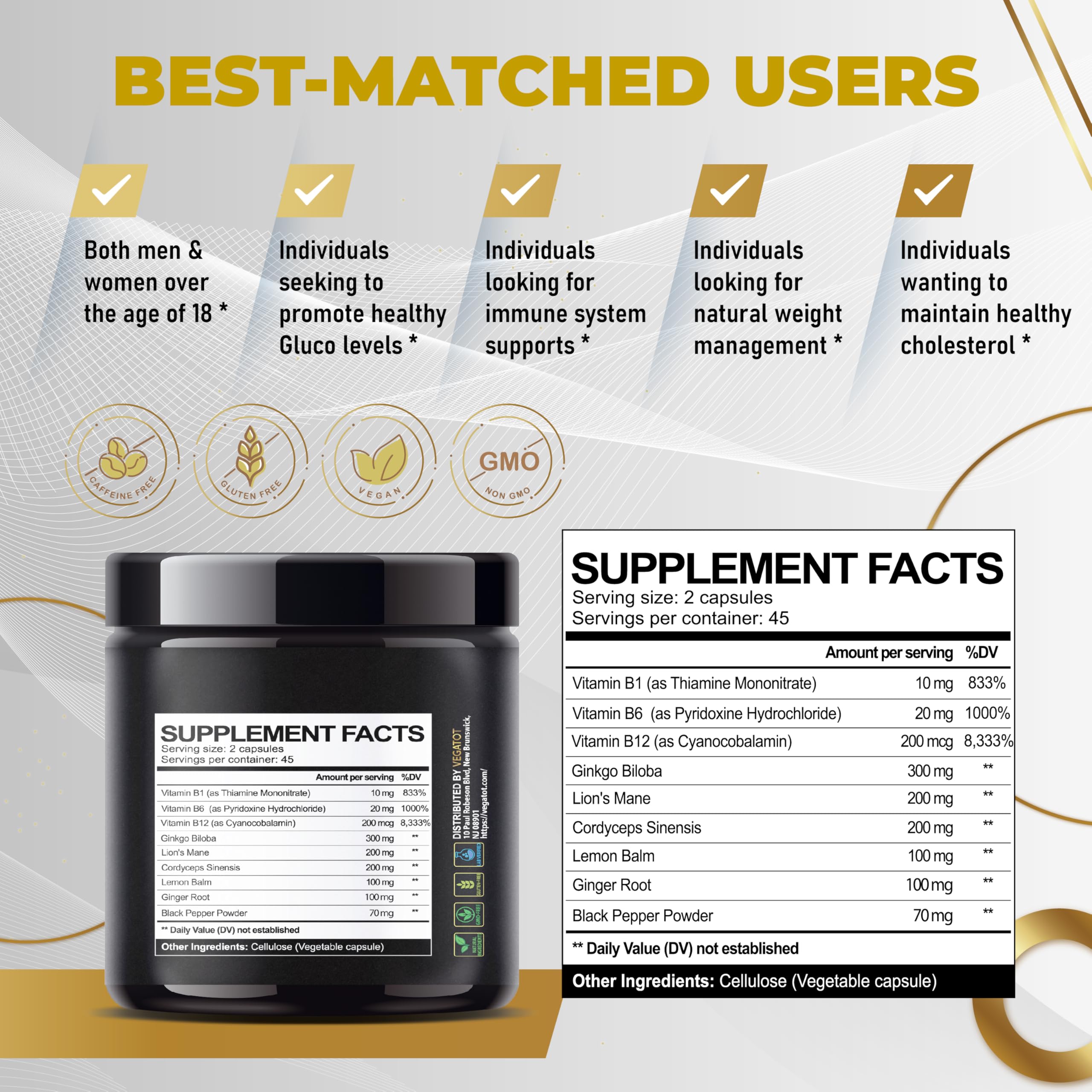 VEGATOT Vertigo Supplement *USA Made and Tested* Inner Ear Supplement with Ginkgo Biloba Lion's Mane Lemon Balm Ginger VIT B1, B6, B12- for Dizziness Spinning Inner Ear Balance