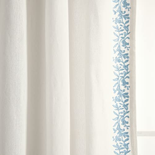 Lush Decor Luxury Modern Flower Linen Like Embroidery Border Window Curtain Panel (Single Panel), 84" L x 52" W, Off-White & Blue