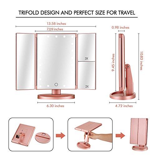 Flymiro Tri-fold Lighted Vanity Makeup Mirror with 3x/2x Magnification,21 LEDs Light and Touch Screen,180 Degree Free Rotation Countertop Cosmetic Mirror,Travel Makeup Mirror (Rose Gold)