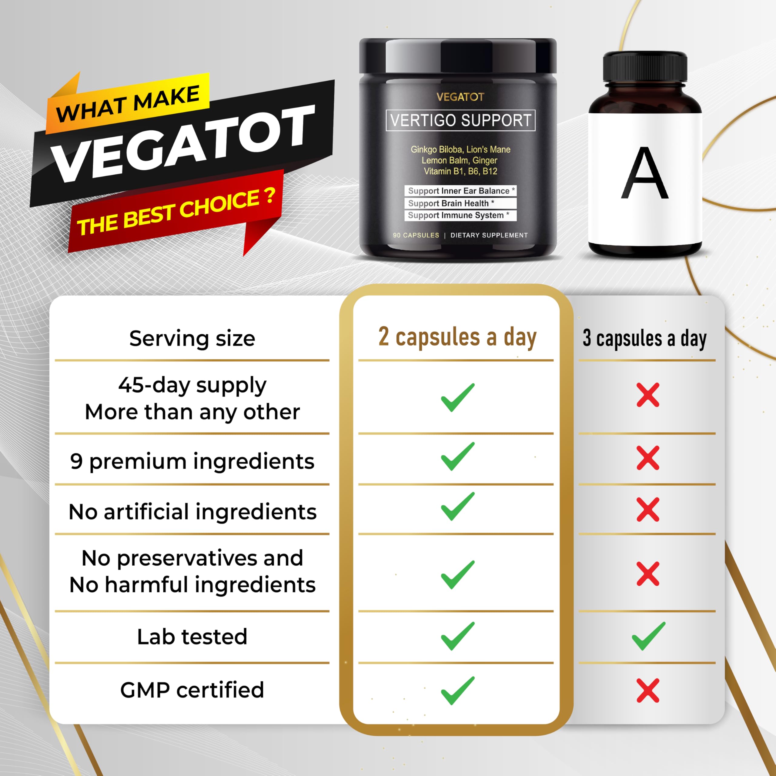 VEGATOT Vertigo Supplement *USA Made and Tested* Inner Ear Supplement with Ginkgo Biloba Lion's Mane Lemon Balm Ginger VIT B1, B6, B12- for Dizziness Spinning Inner Ear Balance