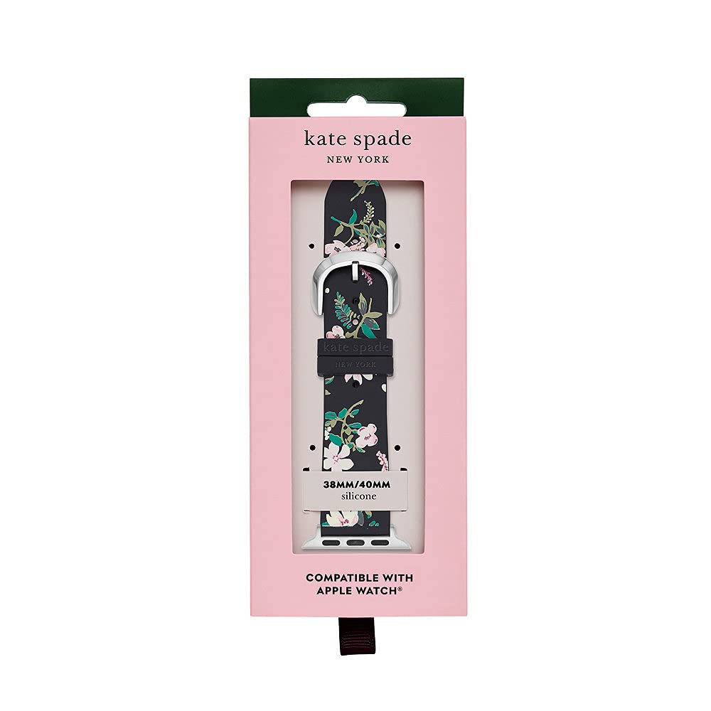Kate Spade New York Silicone Band for 38/40/41mm Apple Watch Series 1-8, Color: Black Floral, Silver (Model: KSS0011)