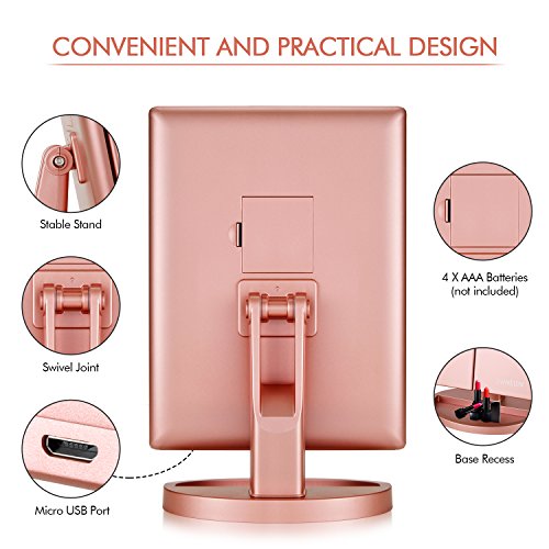Flymiro Tri-fold Lighted Vanity Makeup Mirror with 3x/2x Magnification,21 LEDs Light and Touch Screen,180 Degree Free Rotation Countertop Cosmetic Mirror,Travel Makeup Mirror (Rose Gold)