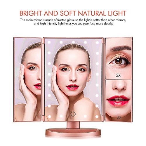 Flymiro Tri-fold Lighted Vanity Makeup Mirror with 3x/2x Magnification,21 LEDs Light and Touch Screen,180 Degree Free Rotation Countertop Cosmetic Mirror,Travel Makeup Mirror (Rose Gold)