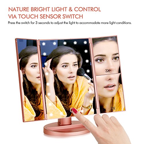 Flymiro Tri-fold Lighted Vanity Makeup Mirror with 3x/2x Magnification,21 LEDs Light and Touch Screen,180 Degree Free Rotation Countertop Cosmetic Mirror,Travel Makeup Mirror (Rose Gold)