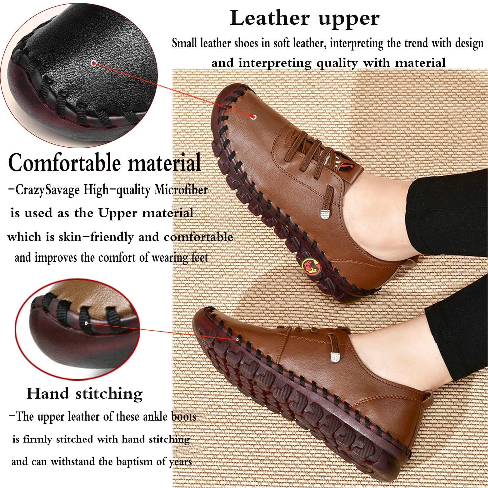 CrazySavage Women's Leather Soft Beef Tendon Flat Bottom Loafers Slip-on Handmade Round Toe Non-Slip Breathable Mom Leisure Walk Shoes (White,10,Women,10)