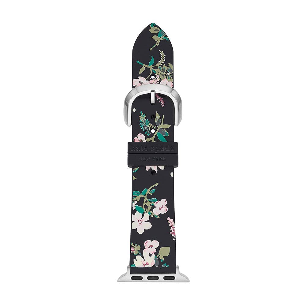 Kate Spade New York Silicone Band for 38/40/41mm Apple Watch Series 1-8, Color: Black Floral, Silver (Model: KSS0011)