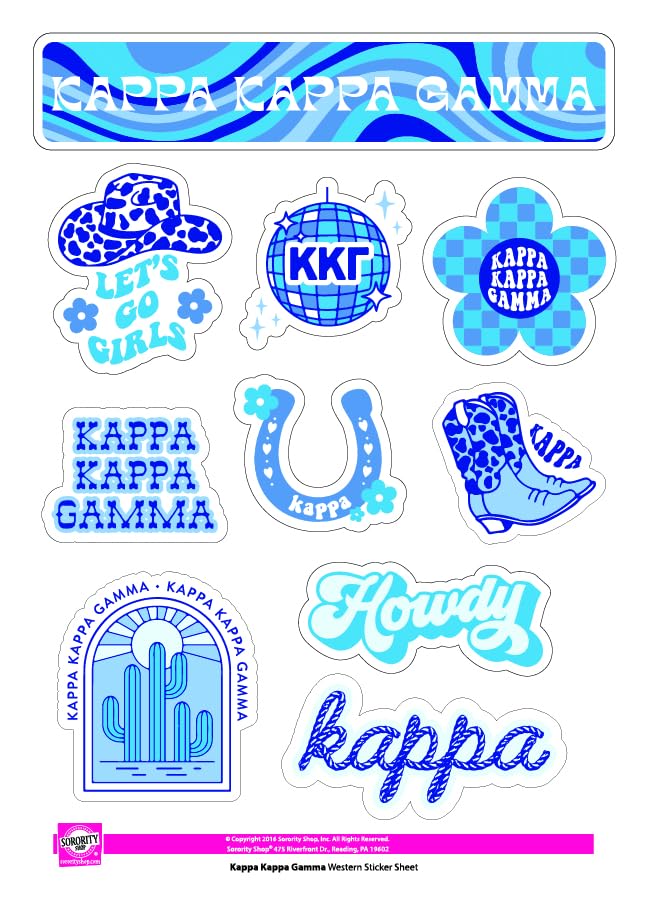 Kappa Kappa Gamma Sticker Sheet - Western Design Vinyl Sorority Stickers with Officially Licensed Designs, Removable Adhesive, 10 Stickers per Sheet, by Sorority Shop