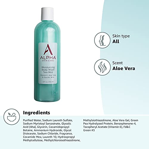 Alpha Skin Care Moisturizing Body Wash | Anti-Aging Formula | Glycolic Alpha Hydroxy Acid (AHA) | Vitamin E & Aloe Vera | Conditions & Soothes | For All Skin Types | 12 Fl Oz