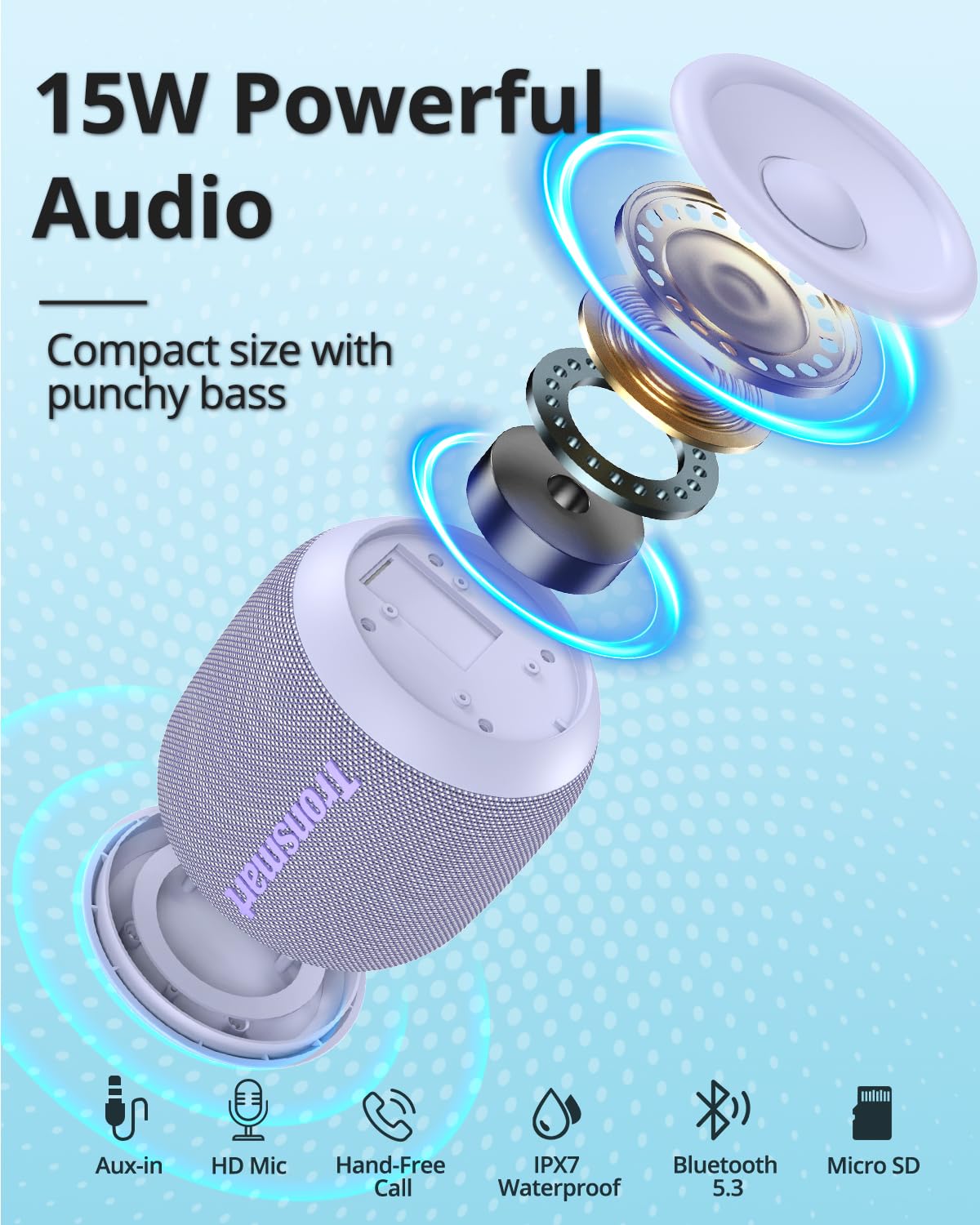 Tronsmart T7 Mini Compact Portable Bluetooth Speaker with Lights, Stereo Sound, Bluetooth 5.3, 18H Playtime, Stereo Pairing, Voice Assistant, IPX7 Waterproof Shower Speaker & Outdoor Speakers(Violet)