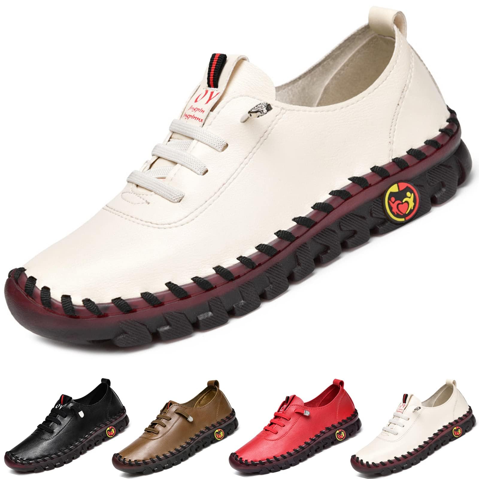 CrazySavage Women's Leather Soft Beef Tendon Flat Bottom Loafers Slip-on Handmade Round Toe Non-Slip Breathable Mom Leisure Walk Shoes (White,10,Women,10)