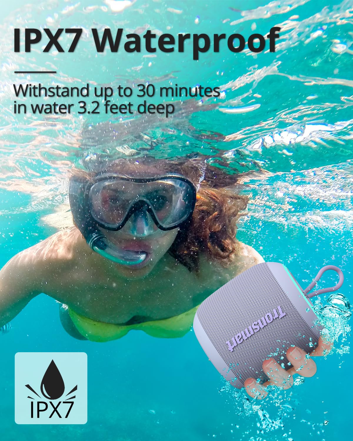 Tronsmart T7 Mini Compact Portable Bluetooth Speaker with Lights, Stereo Sound, Bluetooth 5.3, 18H Playtime, Stereo Pairing, Voice Assistant, IPX7 Waterproof Shower Speaker & Outdoor Speakers(Violet)