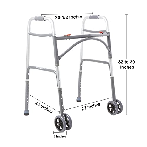 McKesson Folding Walker with 5 in Wheels, Bariatric, Steel, Height Adjustable 32 in to 39 in, Weight Capacity 500 lbs, 1 Count