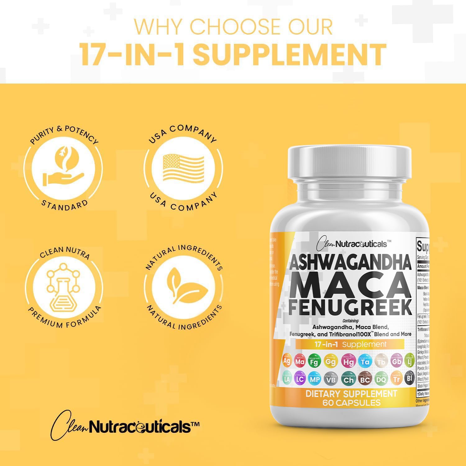 Clean Nutraceuticals Ashwagandha Maca Root Fenugreek Supplement with Tongkat Ali Ginseng - Assists with Stress, Mood & Thyroid - Ashwagandha Capsules Fenugreek Caps - 1 Pack