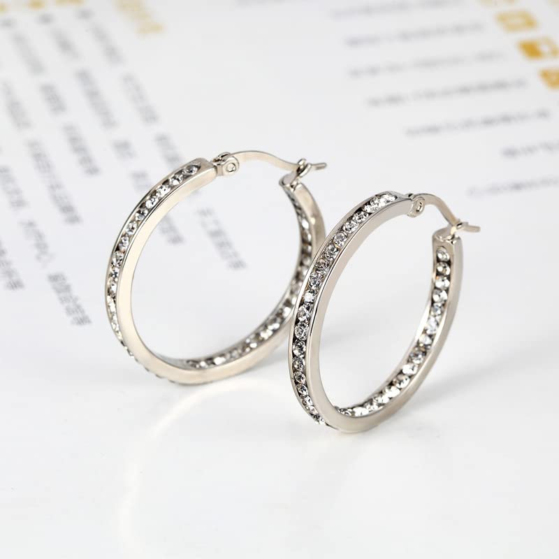 Rnivida Stainless Steel Hoop Earrings Silver Tone Inside-Out Crystal Cz Rhinestone Hoop Earrings for Women 30mm