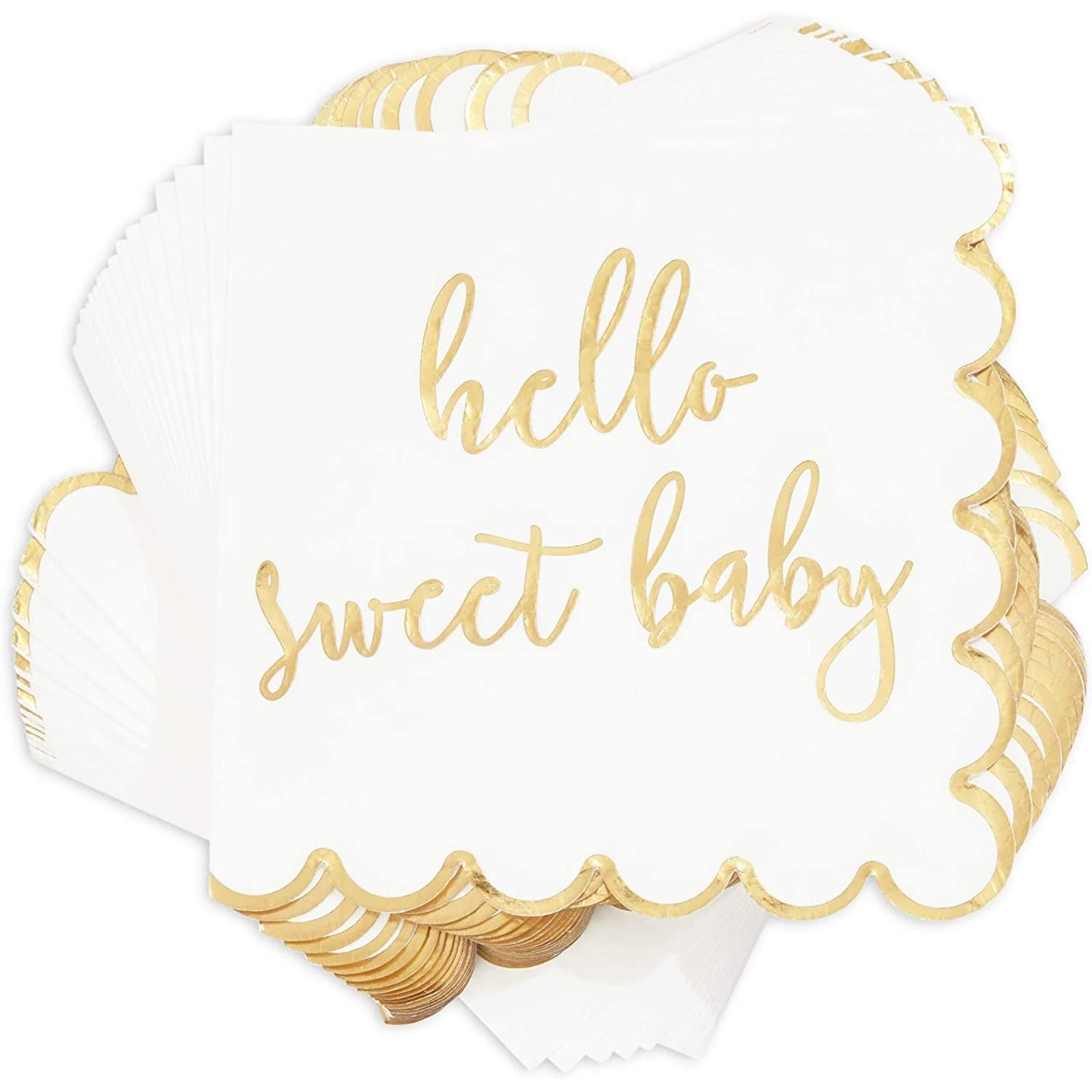 Sparkle and Bash 50 Pack Scalloped Hello Sweet Baby Napkins for Baby Shower Decorations (6.3 In)