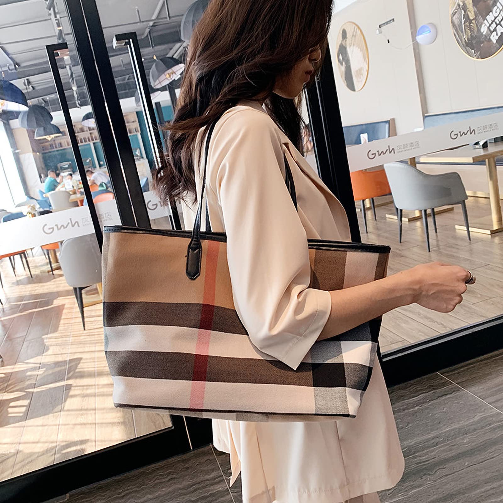 Waiyqju Plaid Canvas Women's Tote Aag Large Capacity Fashion Spacious Satchel Leisure Beach Bag (black)